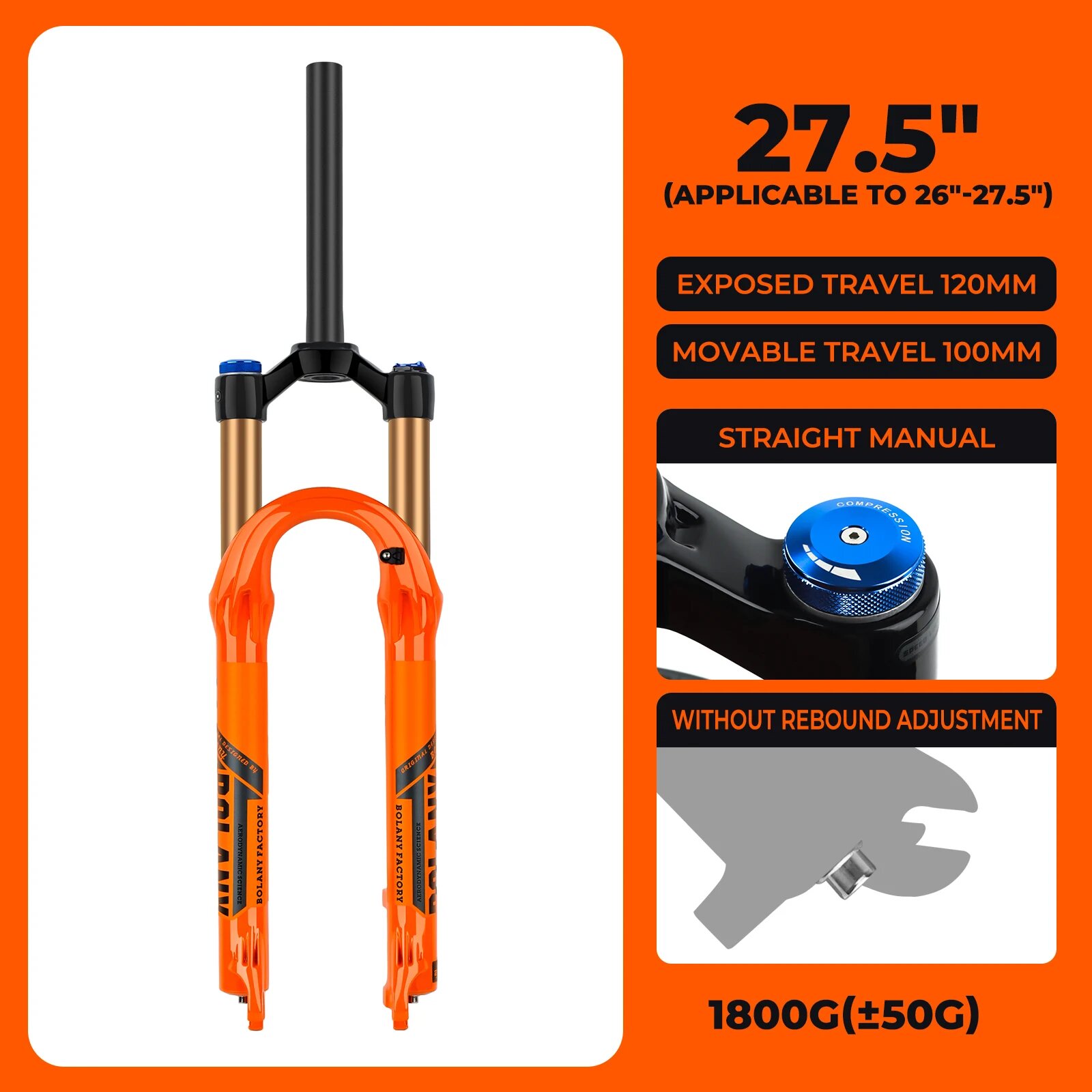 BOLANY Воздушная вилка 29 дюймов 120 мм черная Оранжевый, 27.5 Manual Orange