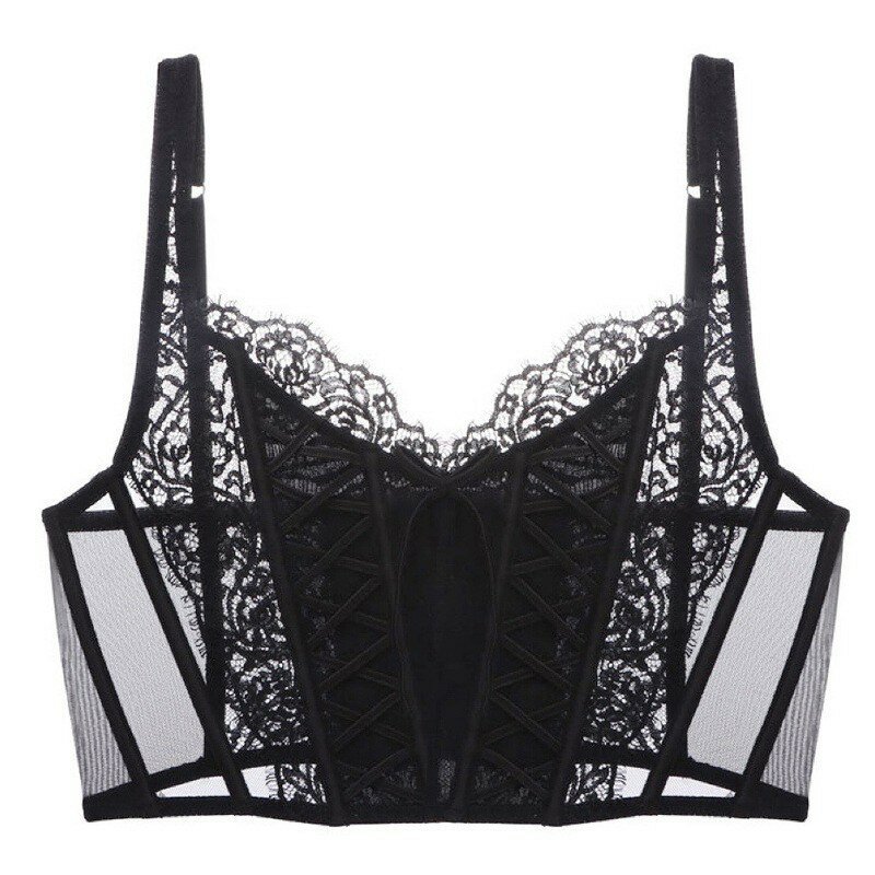 Бюстгальтер, корсет, корректирующее белье во французском стиле из тонкой сетчатой кружевной ткани для небольшой груди. Черный.