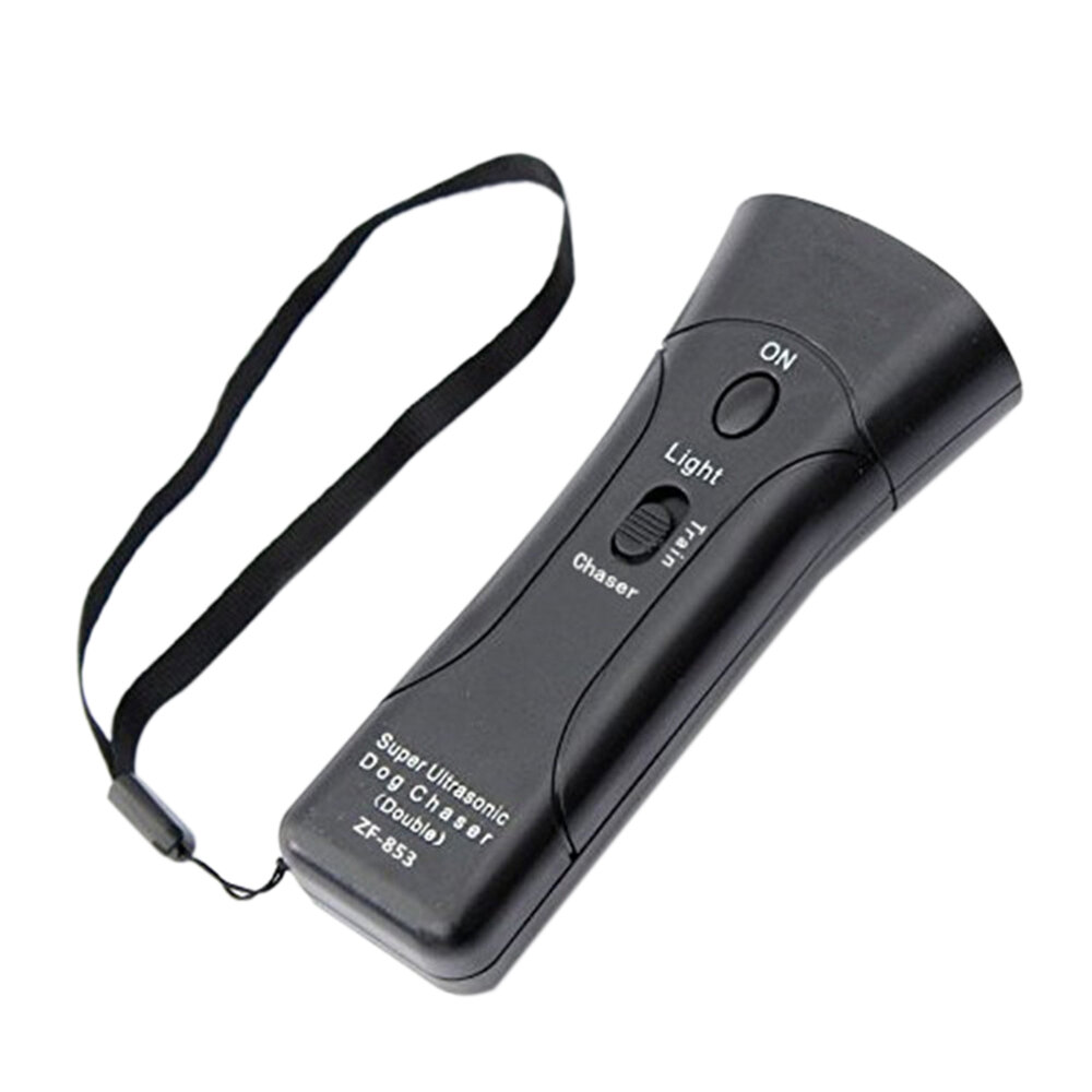 Устройство для тренировки собак Double Ultrasonic Dog Chaser Anti Barking Stop Bark портативное ручное с LED и инфракрасным излучением, модель ZF-853, материал пластик, цвет черный, дальность действия до 12 м, питание от 1 батарейки 9V (не в комплекте),
