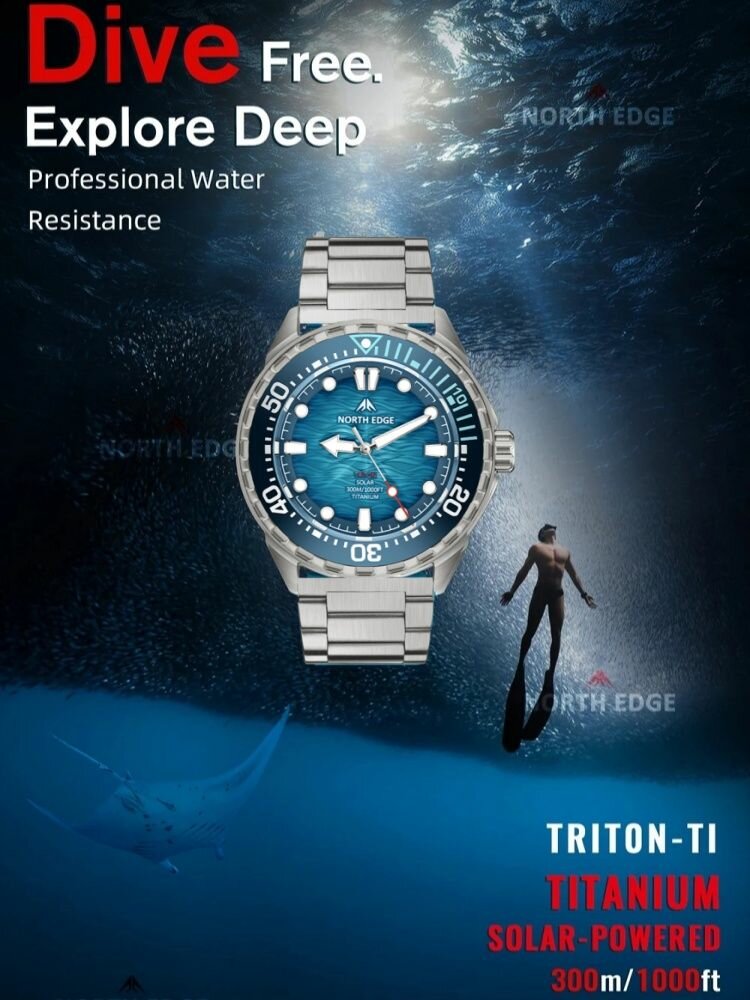 Титановые часы для дайвинга TRITON-TI на солнечных батареях Роскошные кварцевые часы для мужчин с водонепроницаемостью 300 М и питанием более 180 дней