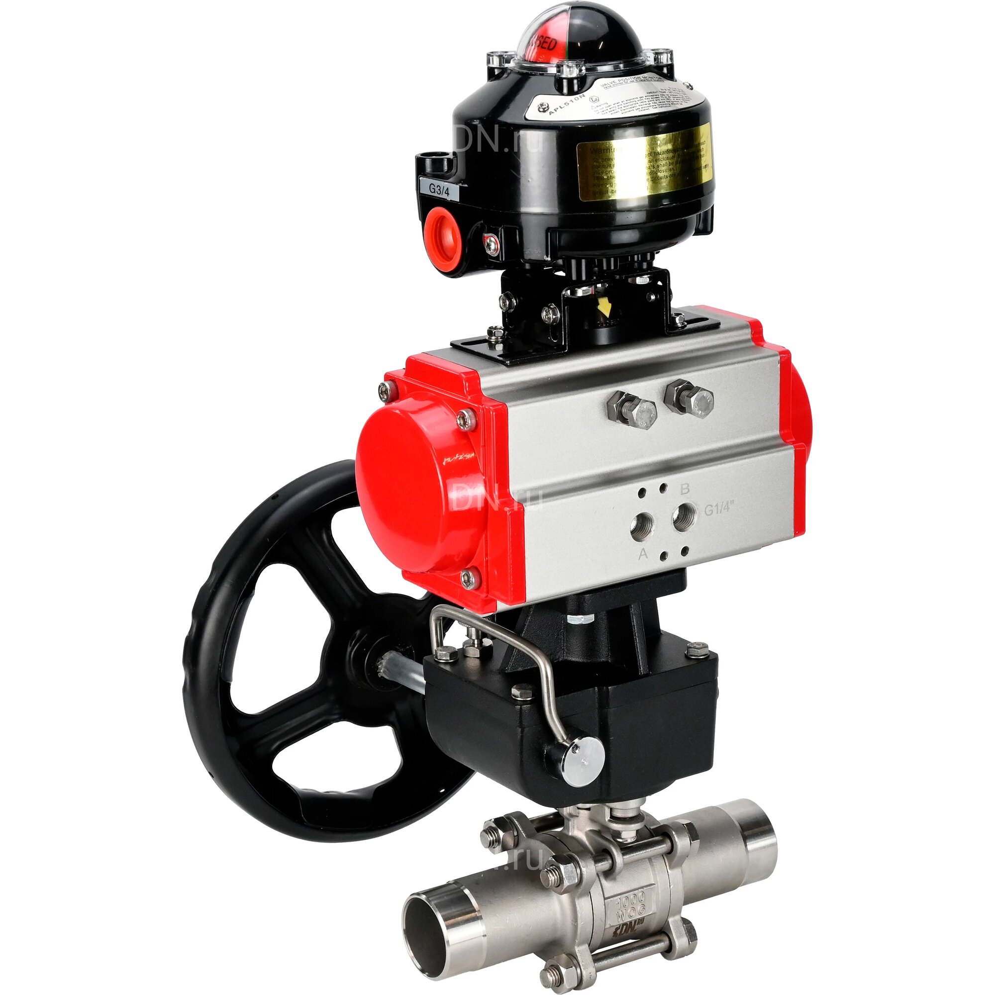 Кран шаровой DN.ru 316-316-PTFE-W-ISO-H Ду50 Ру40 полнопроходной, корпус - нержавеющая сталь 316, уплотнение - PTFE, под приварку, с пневмоприводом DN.ru DA-083, редуктором DN.ru HDM-2 и БКВ LSB-510-02ExM12-250