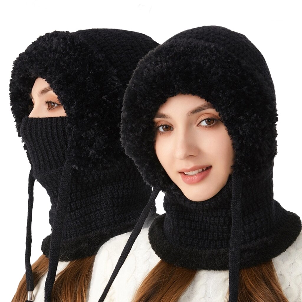 Многофункциональный вязаный головной убор-зимняя ветрозащитная и теплая шапка, шарф и маска трехфункционального дизайна-черный