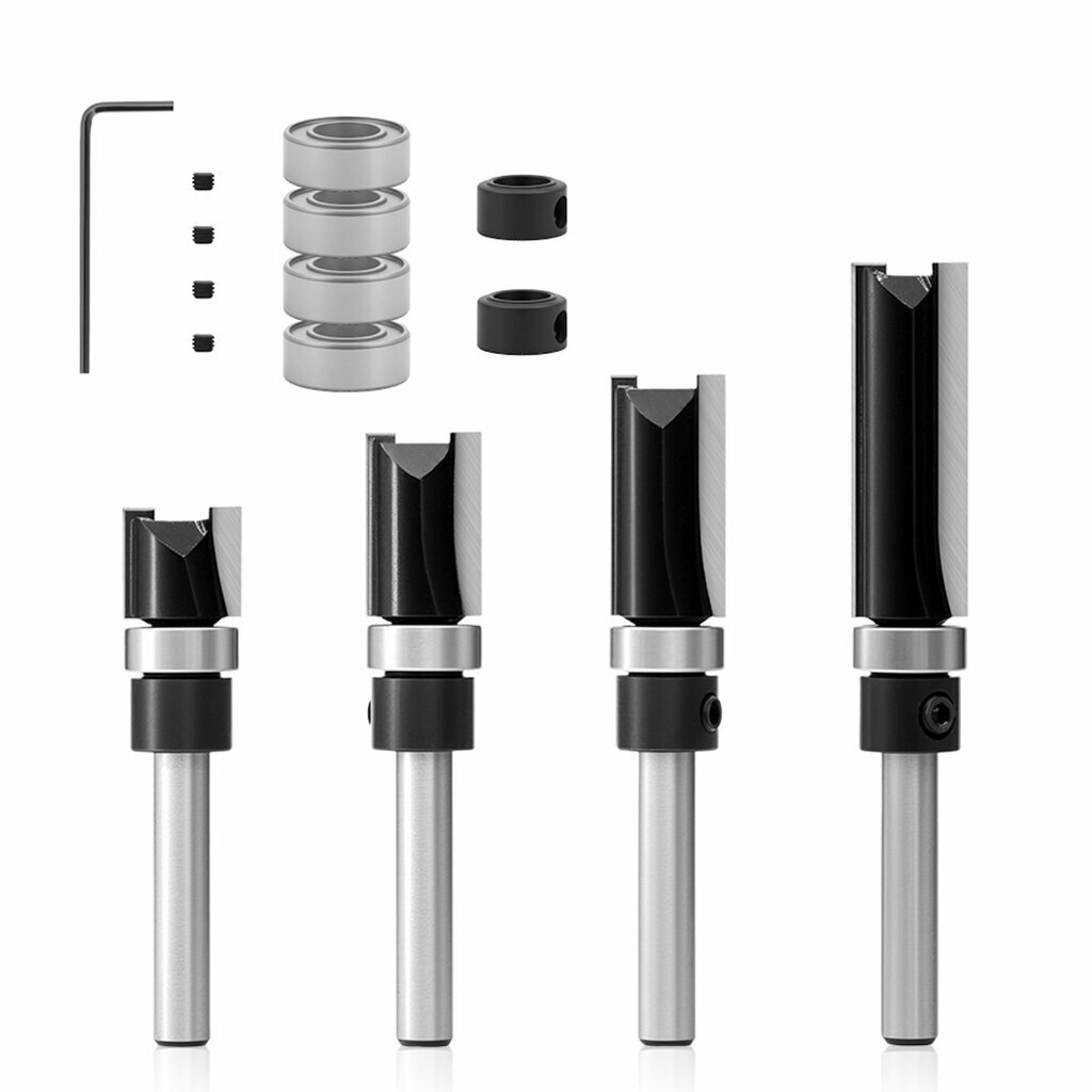 Комплект из 10 разношлифованных прямых фрезерных долот с подшипниками, покрытых черным покрытием для повышения долговечности и точности резки.