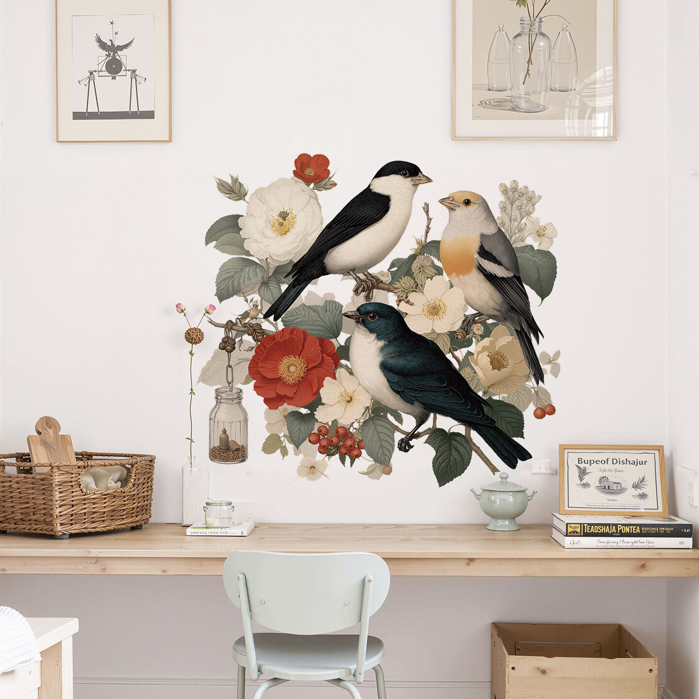 Цветные винтажные цветы и птицы настенные декоративные наклейки растения цветы двери шкаф двери съемная самоклеящая