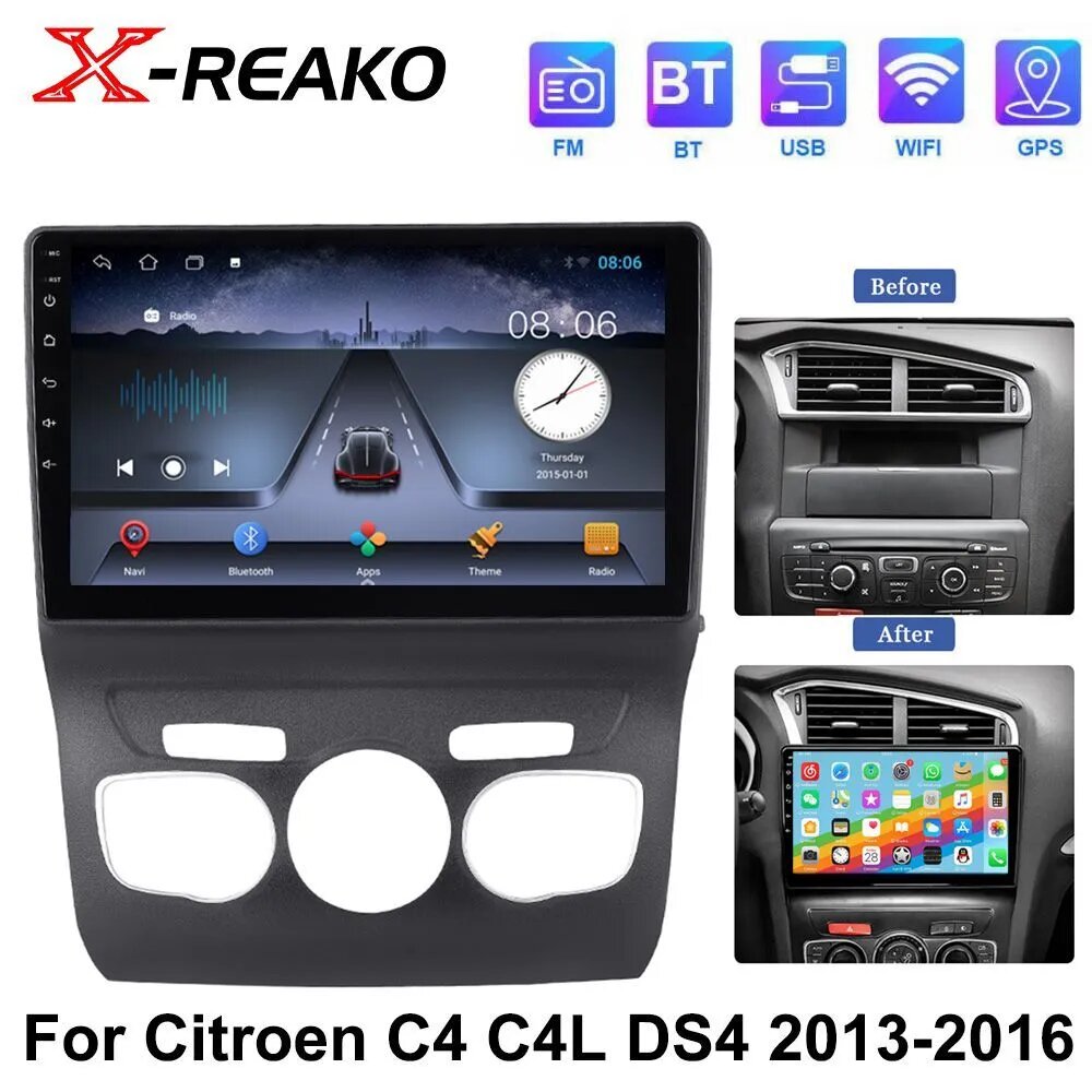 Автомагнитола X-REAKO для Citroen C4 C4L DS4 2013-2016, диагональ 9", 2 DIN, 2ГБ/32ГБ
