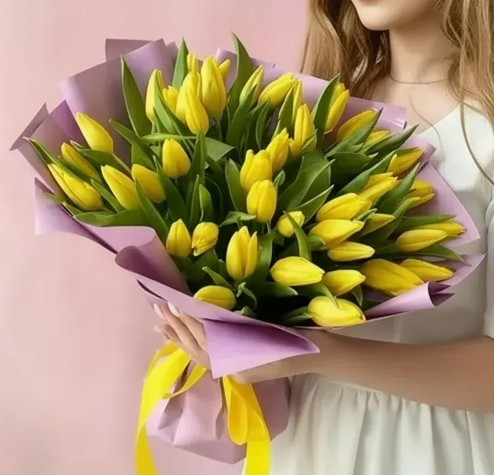 Букет цветов, Букет из желтых тюльпанов, 51 шт. Долгий букет, Букет Тюльпанов. Красивый букет цветов, Премиум букет