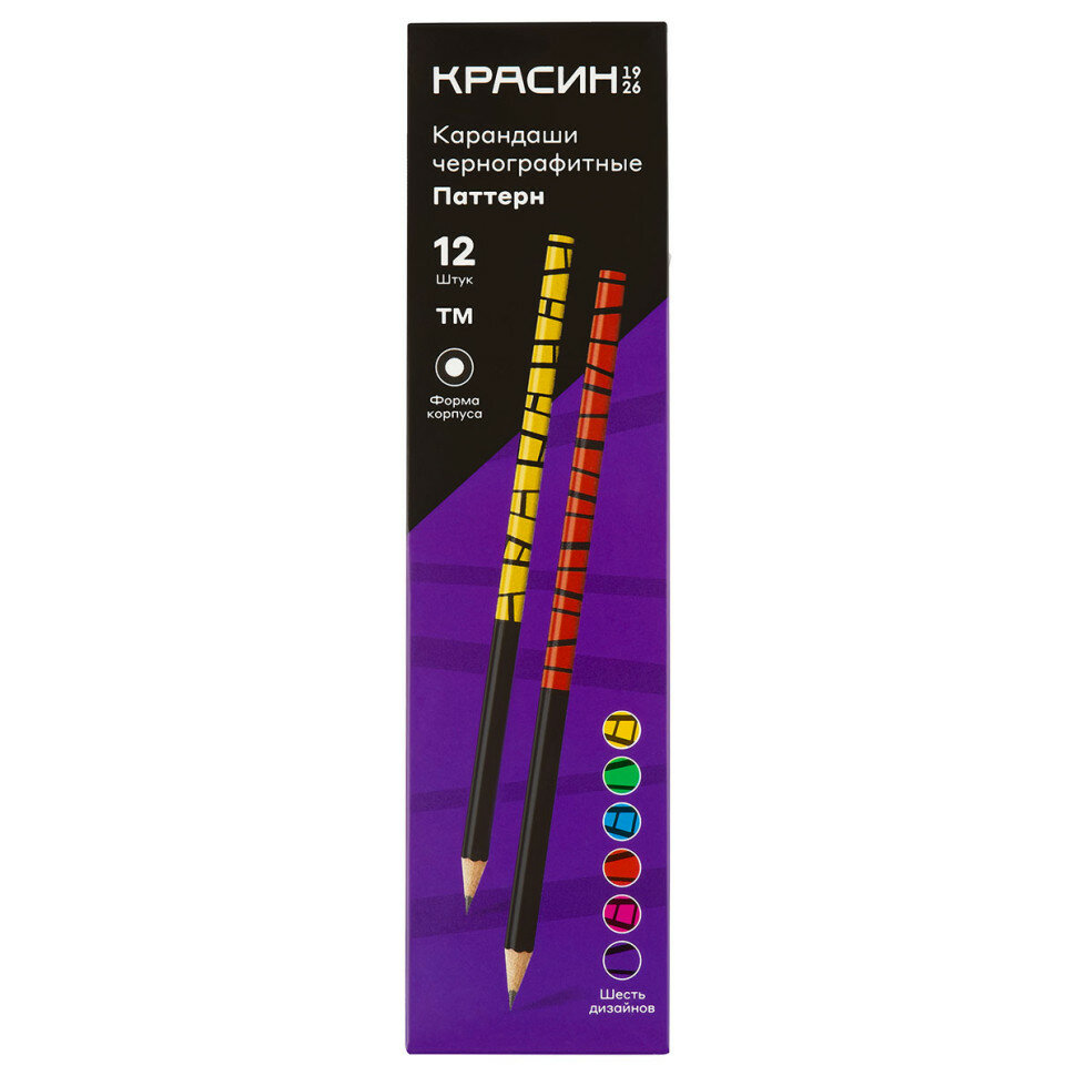 Карандаш ч/г Красин "Паттерн" ТМ (НВ), кругл, заточен, ассорти, 48 штук, 379659
