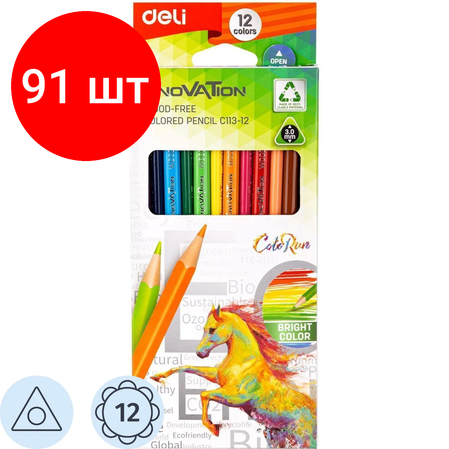 Комплект 91 упаковок, Карандаши цветные 12цв 3-гран Deli Enovation, пластик, EC113-12
