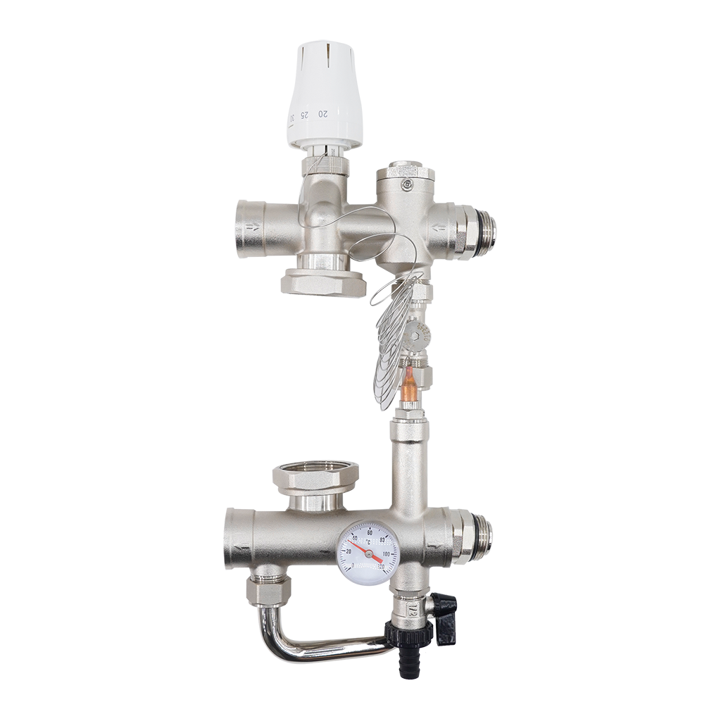 Насосно-смесительный узел ROMMER проходной с термоголовкой и перепускным клапаном, без насоса