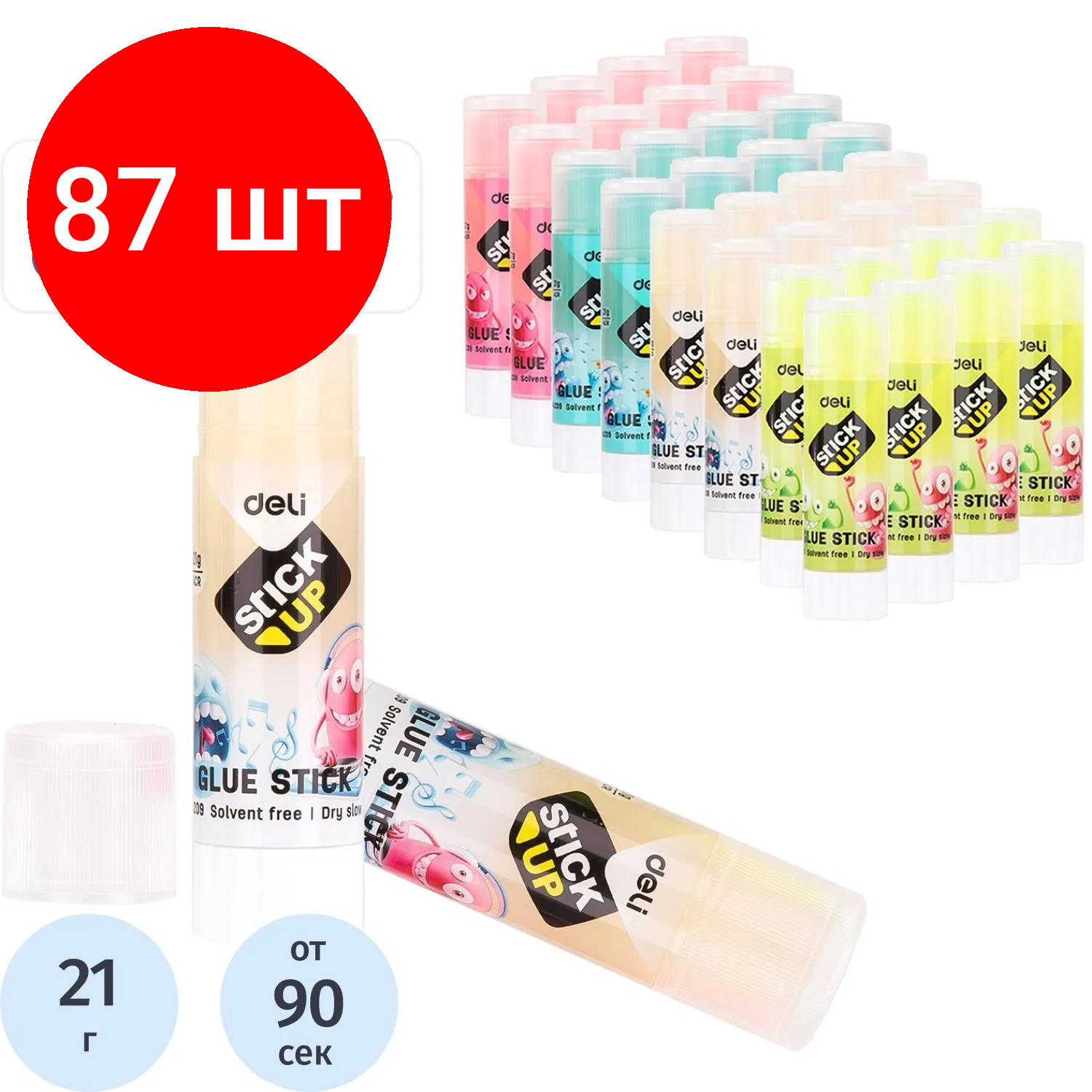 Комплект 87 штук, Клей-карандаш школьный 21г Deli детский прозрачн, в ассортименте EA20900