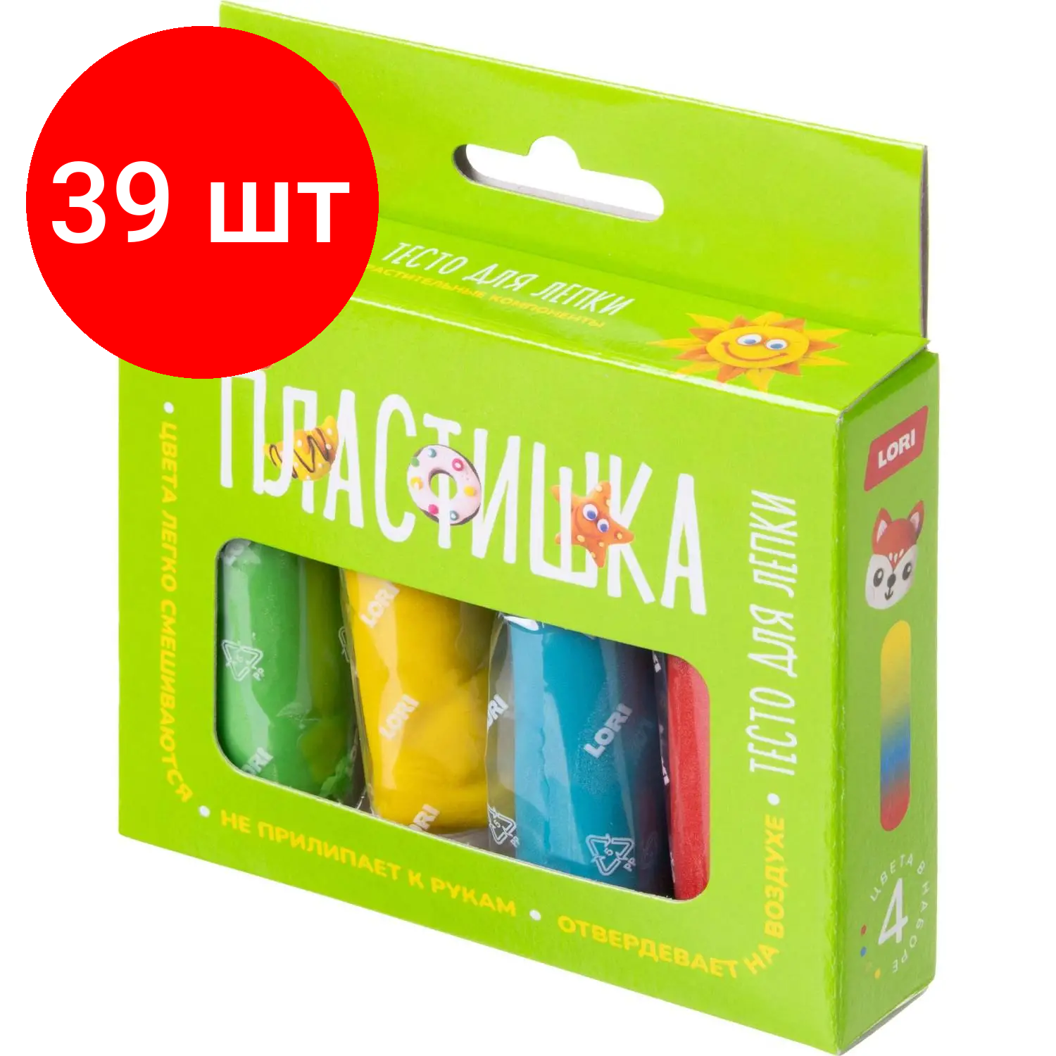 Комплект 39 штук, Тесто для лепки Пластишка 4 цв по 30 гр (коробка с вырубным окном), Тдл-046