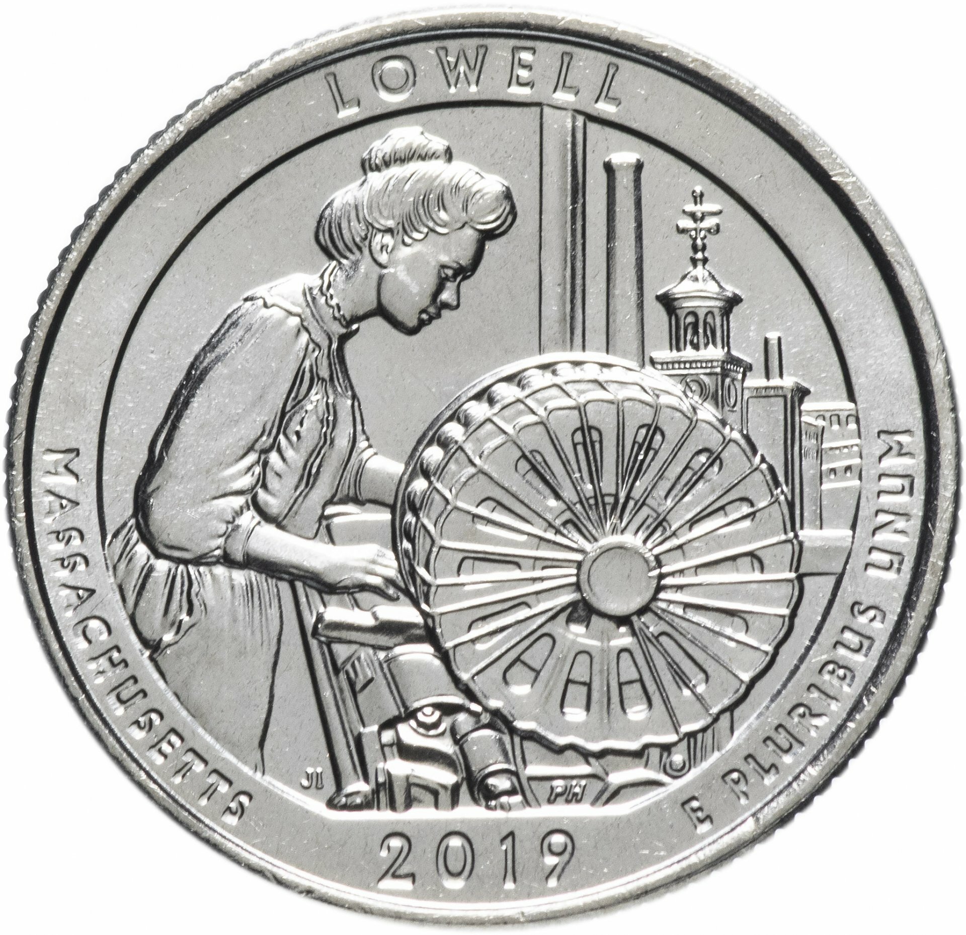 США 1/4 доллара 25 центов, квотер 2019 D — "Национальные парки - Исторический парк Лоуэлл" 46-й парк, Мельхиор медь-никель, в сохранности UNC