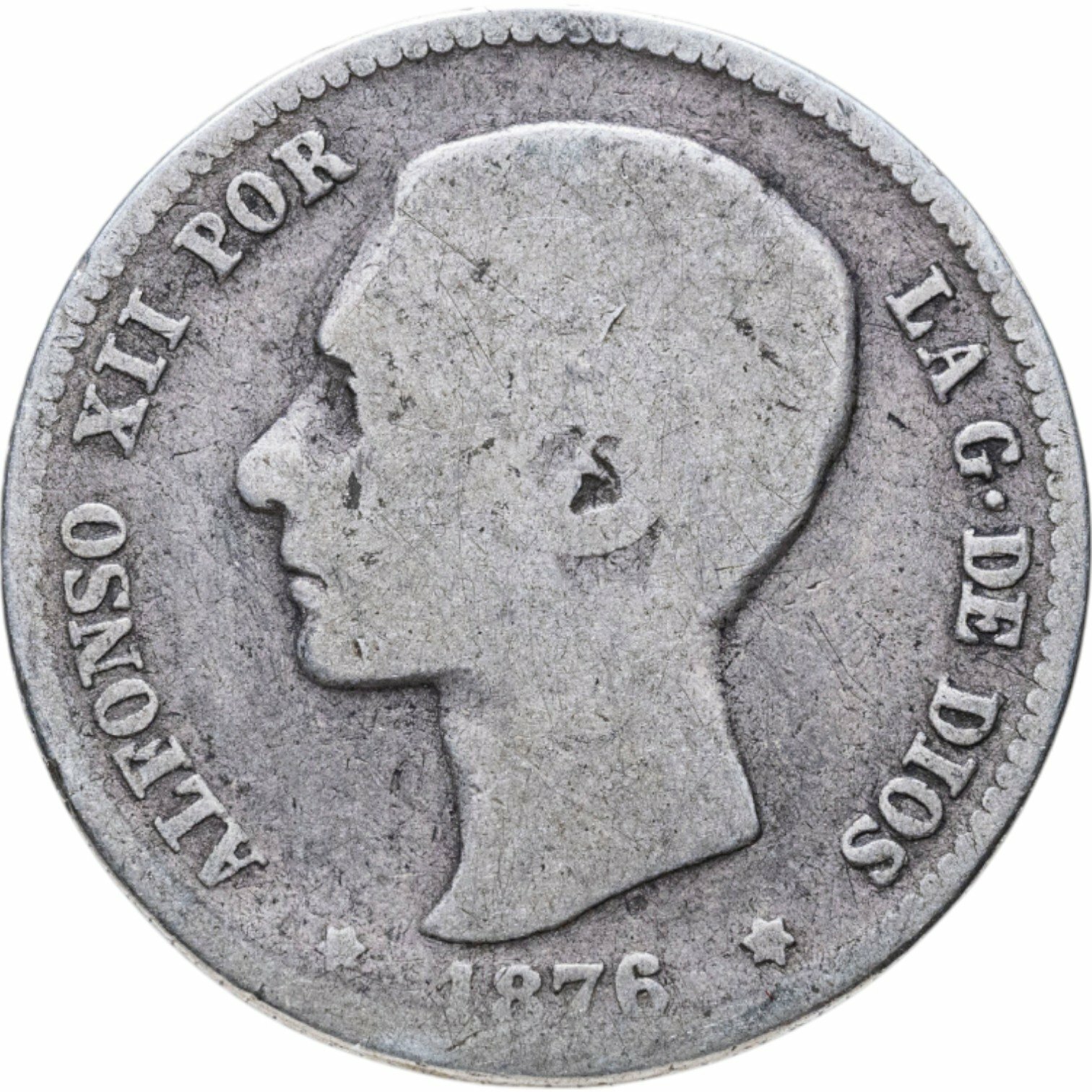 Испания 1 песета peseta 1876, Серебро 835, в сохранности F
