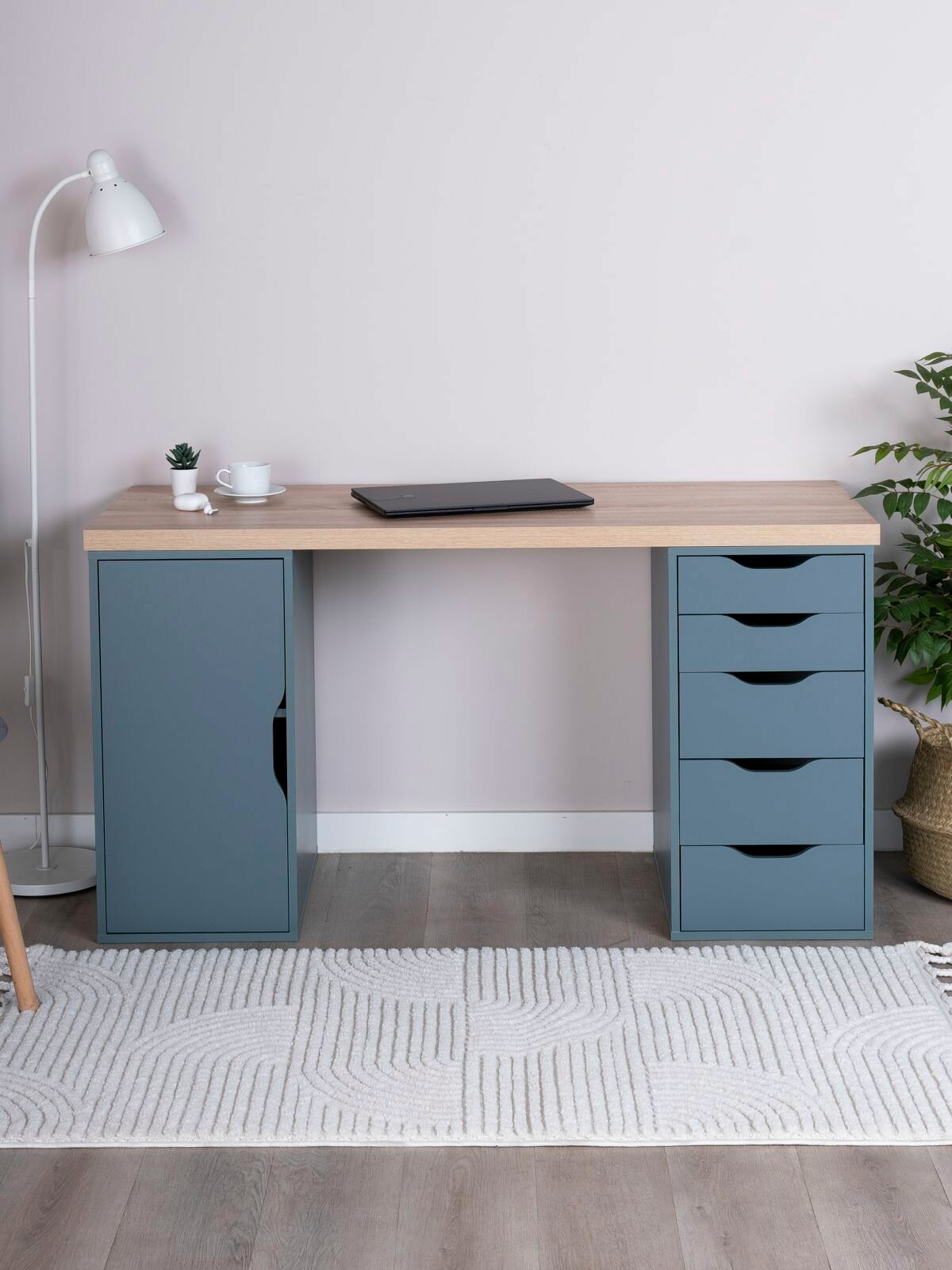 Стол письменный Ингар, с дверцей и 5 ящиками, 140x75x55, серо-бирюзовый/черный, столешница дуб беленый, ГУД лакк