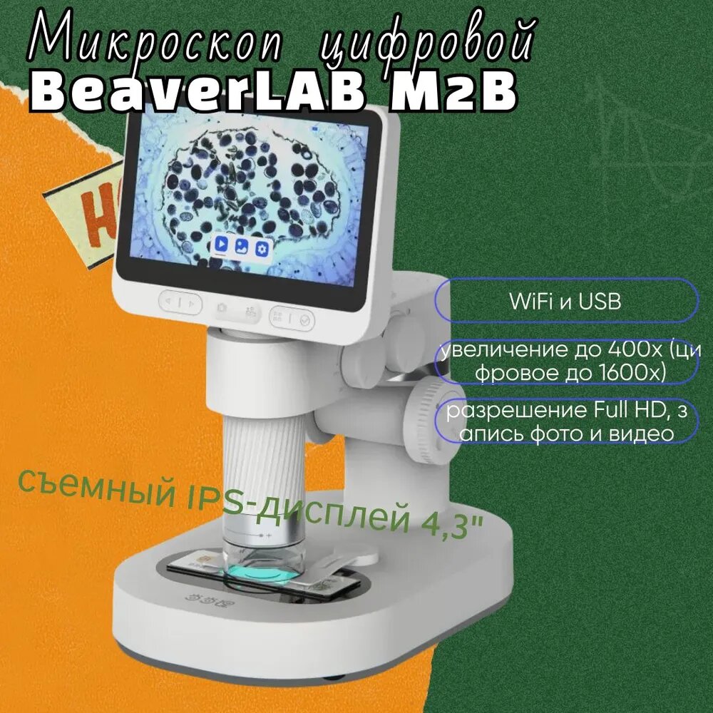 Микроскоп цифровой BeaverLAB M2B с увеличением до 1600x, цифровой, съемный IPS-дисплей 4,3", запись фото и видео