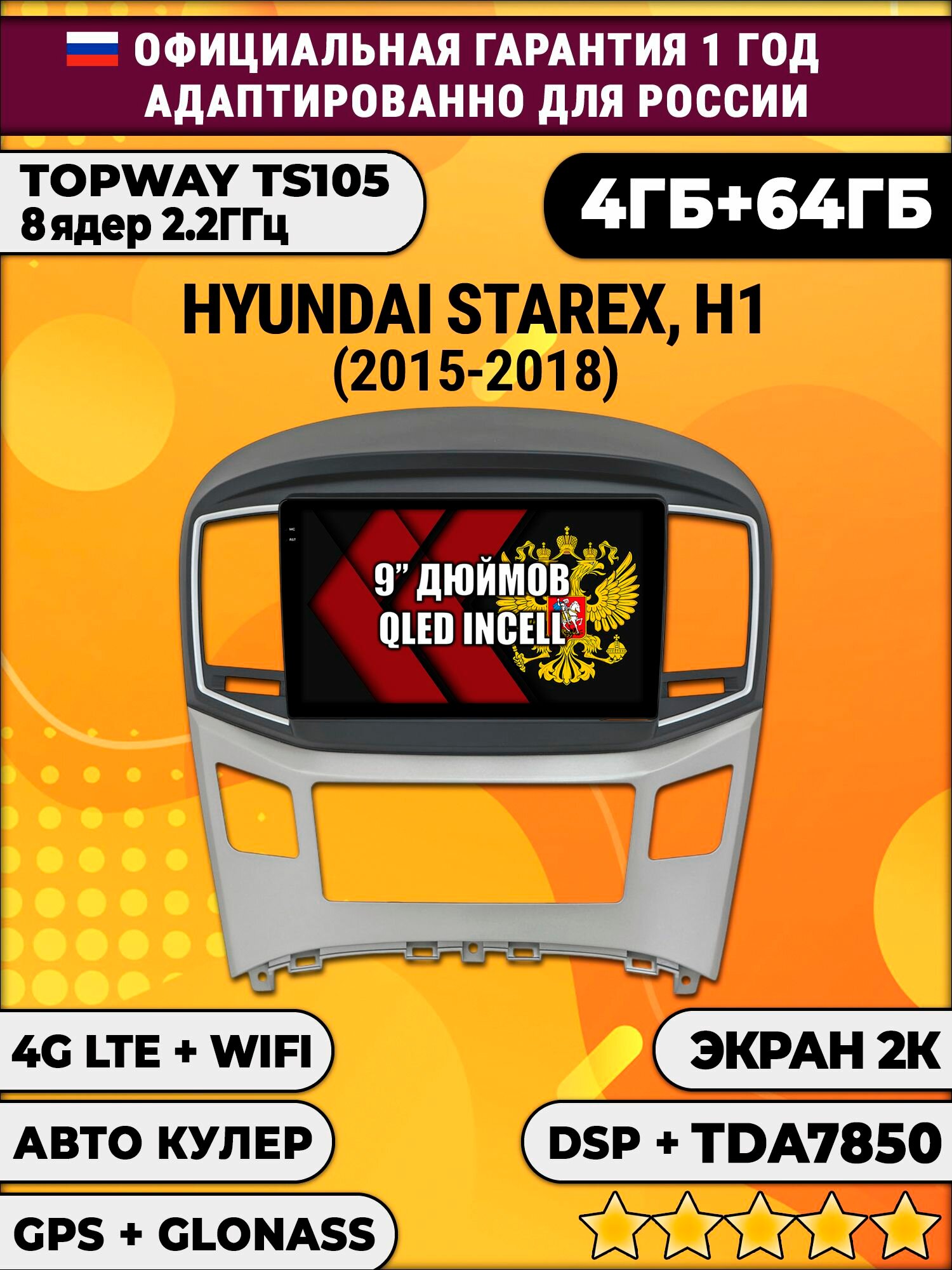 8 ядер TS105, память 4/64гб, экран 2К QLED, для HYUNDAI H1, H-1 STAREX (2015-2018), Android магнитола