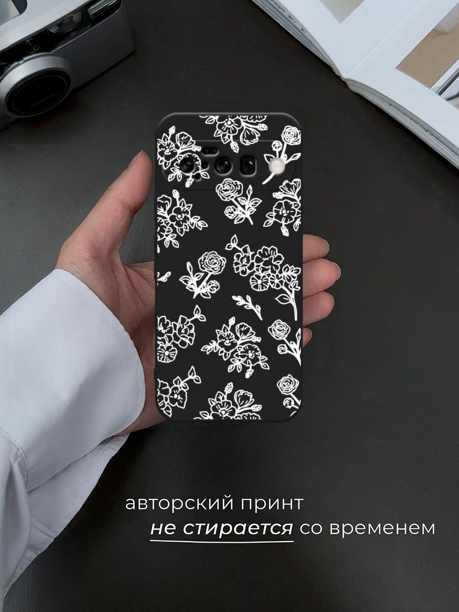 Черный матовый чехол на Google Pixel 10 / Гугл Пиксель 10 с принтом Белые розы паттерн — фото 1