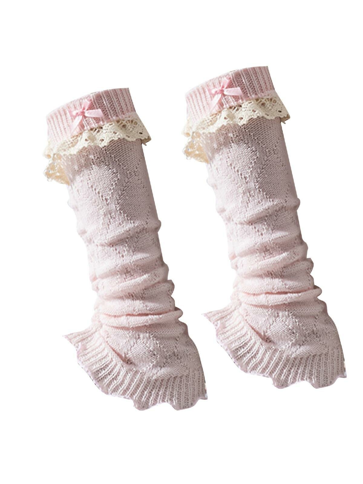 Женские вязаные гетры с кружевами и бантом, розовые волны