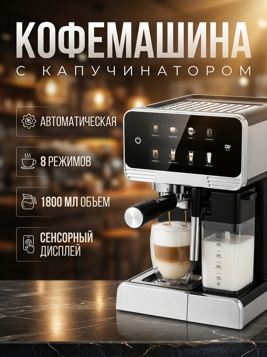 Кофемашина с капучинатором , кофемашина автоматическая для дома, 1350Вт, 1.8 литра, дисплей, для американо, капучино, латте, режим самоочистки, черный