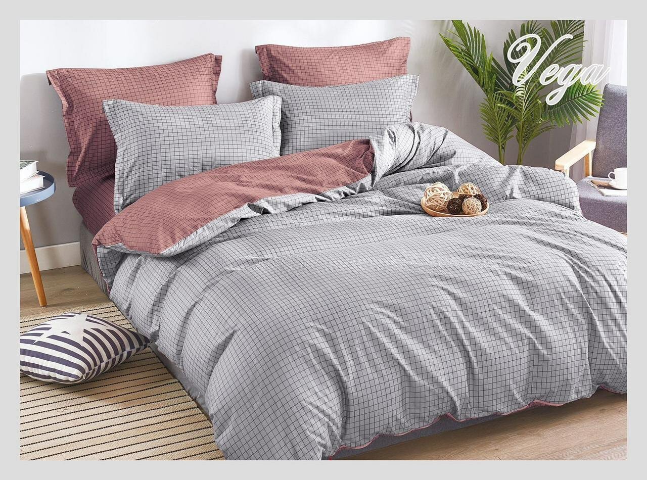 Комплект постельного белья Евро размер - Светло Серый Розовый Клетка