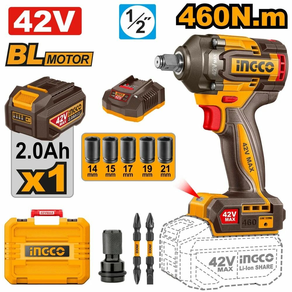 Аккумуляторный гайковерт BL 42В 460Hm 1/2, 1хАКБ и ЗУ кейс INGCO CIWLI42461 INDUSTRIAL