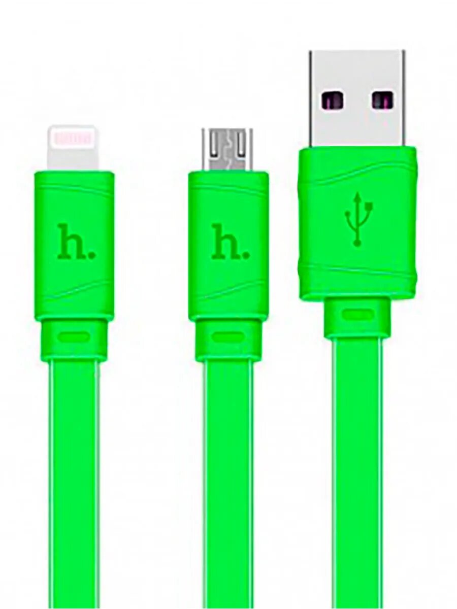 Кабель Hoco X5 2в1 USB to Lightning+microUSB плоский, 2А, 1 метр, зеленый (для старых Android смартфонов и iPhone 14, 13, 12, 11 и ранее)