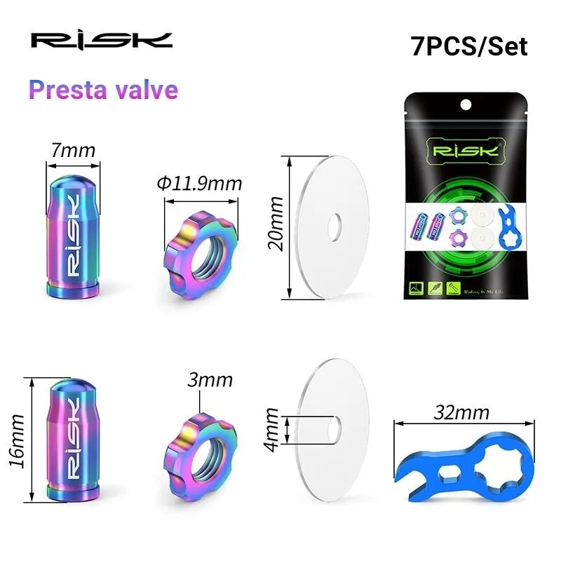 RISK Колпачки на велониппель Presta (FV, SV) из титанового сплава, 7 шт/комплект, радужный