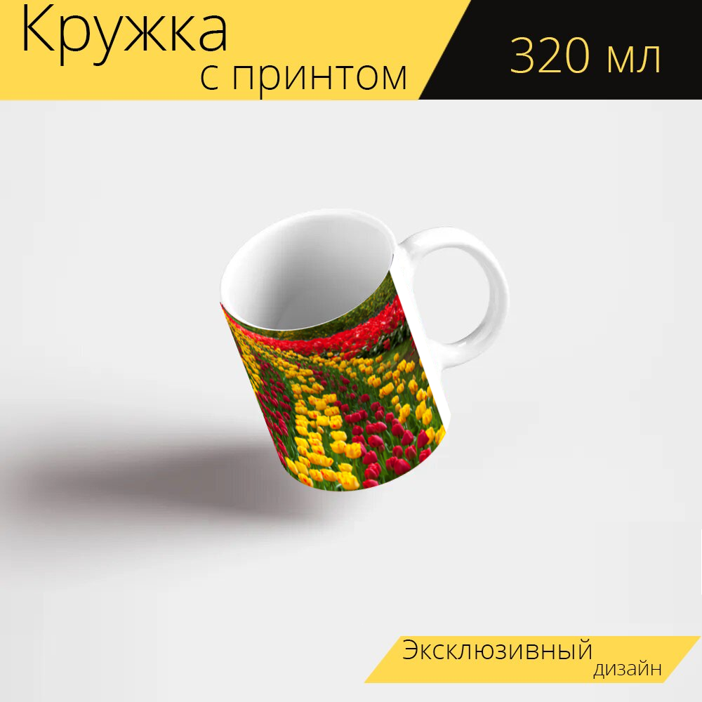 Кружка с рисунком, принтом "Сад тюльпан цветок Тюльпан цветник в Keukenhof в Голландии красивый цветок красный цветение цветы цвета красочные флора свежие сад зеленый." 320 мл.