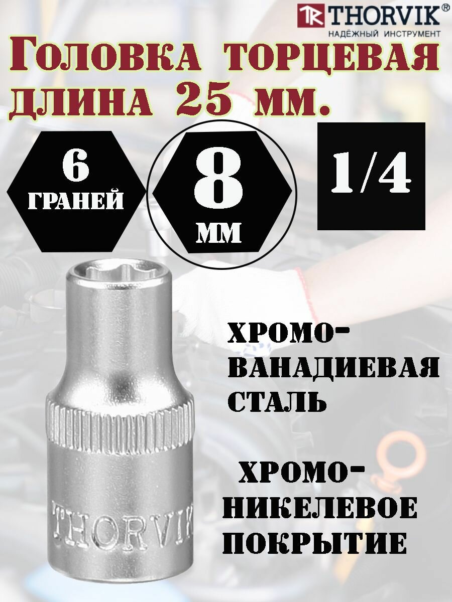 Головка торцевая THORVIK, 1/4, 6-гранная, 8 мм.