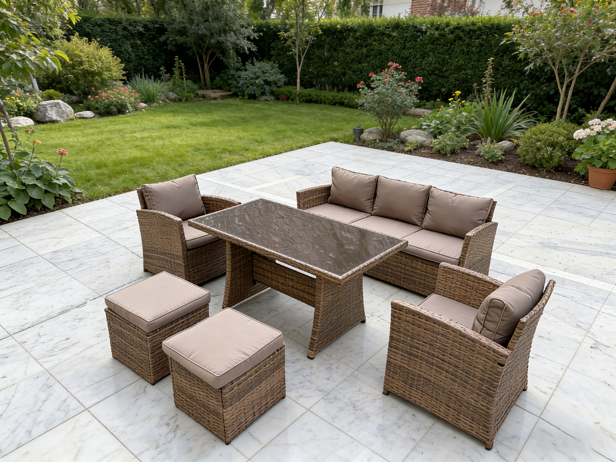 Комплект садовой мебели Full Comfort - VENEZIA (стол, 3-местный диван, 2 кресла, 2 пуфа) искусственный ротанг коричневый