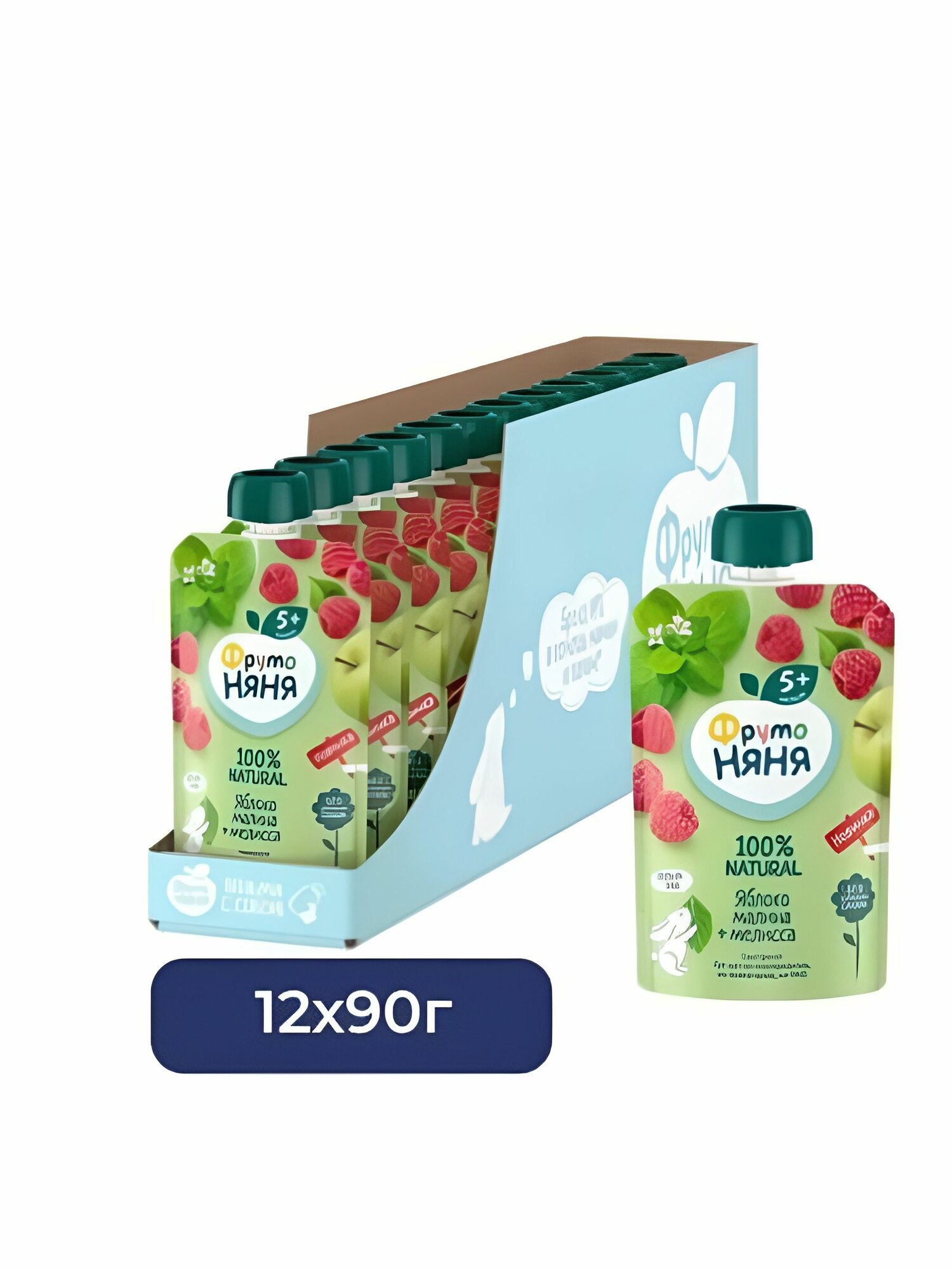 Пюре фруктовое ФрутоНяня с 5 месяцев, яблоко, малина и мелисса, 90г. Упаковка 12 шт.