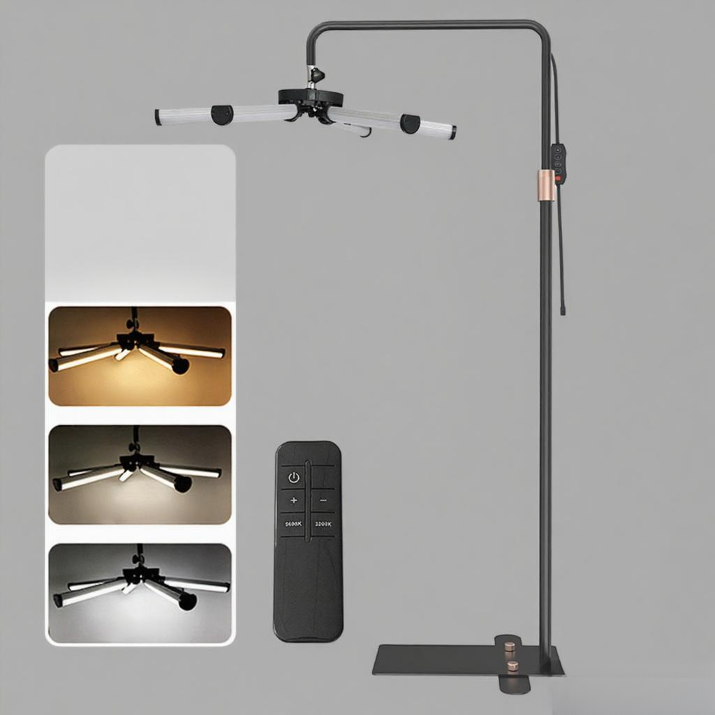 Floor LED Video Light 6-Arm Fill Light черный 50W 3200K-5600K 7-Level Brightness Iron Aluminum Alloy ABS 420pcs LED Beads CRI >90 Light Stand Height 1.4M-1.8M Phone Holder Remote Control Power Adapter Power Cable для Beauty Salon Makeup Live Streaming