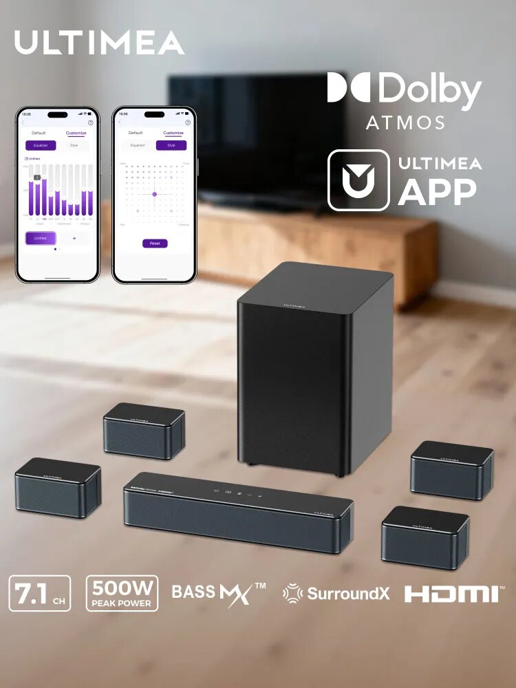 Саундбар для телевизора с сабвуфером ULTIMEA Poseidon D80 Boom, домашний кинотеатр 7.1 Dolby Atmos, 500Вт, беспроводной сабвуфер, 4 тыловых динамика, HDMI eARC, управление через приложение