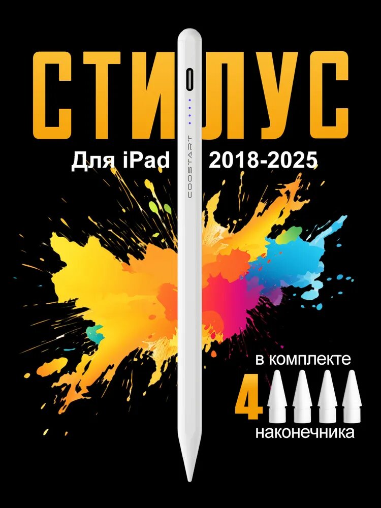 Стилус для iPad 2018-2025, для iPad 6-11 поколений, Air/mini/Pro. Без Bluetooth с функцией отклонения ладони, белый