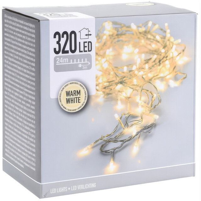 Светодиодная гирлянда Koopman Comfort 24 м, 320 теплых белых LED ламп, прозрачный ПВХ, контроллер, таймер, IP44, Koopman (Купман), AX8451850