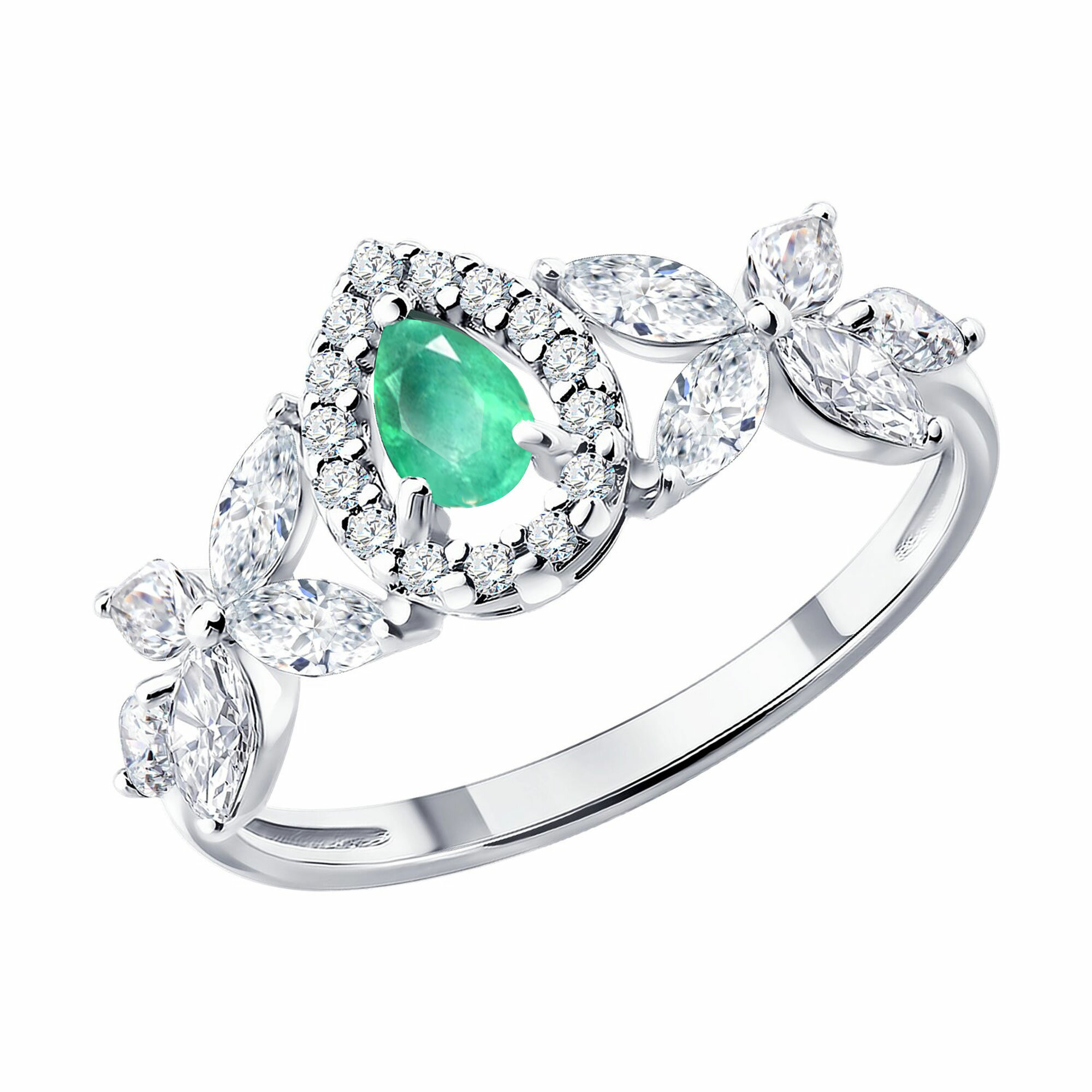 Кольцо, серебро, 925 проба, родирование, фианит, изумруд