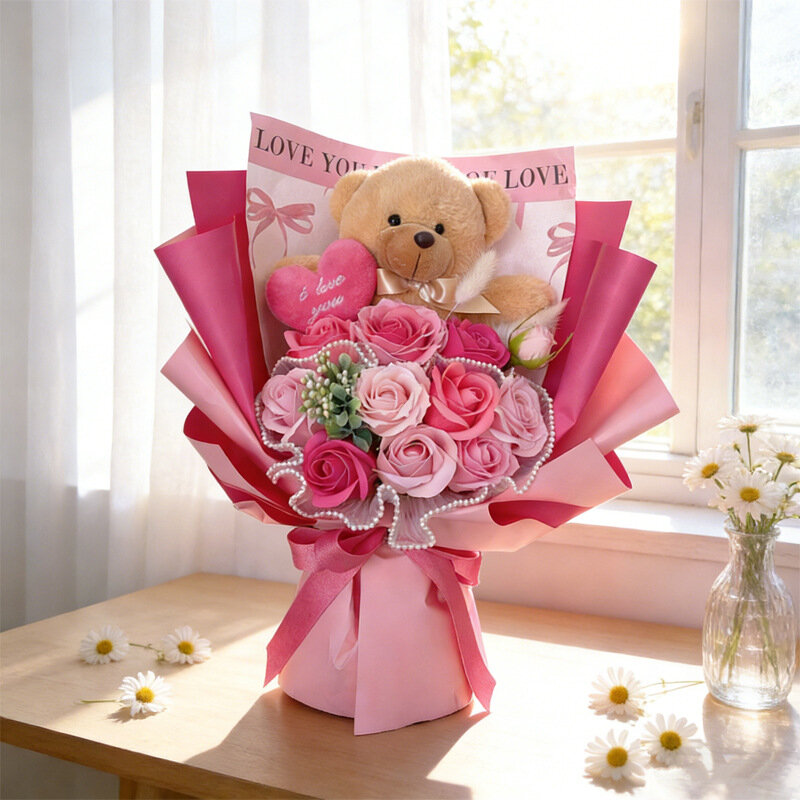 Букет из мыла в форме сердца с розами и мишкой, готовый букет из искусственных консервированных цветов на День святого Валентина, подарок на Международный женский день.