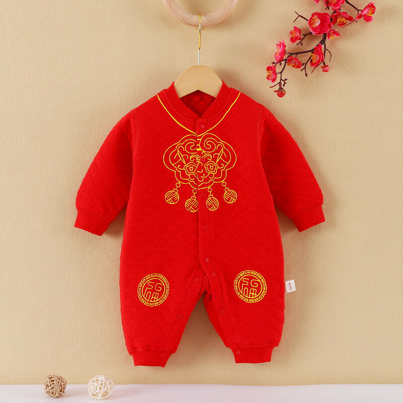 Красный теплый комбинезон для младенцев, праздничный новогодний наряд, наряд на полную луну, наряд на сто дней, наряд на первый день рождения ребенка, новый стиль