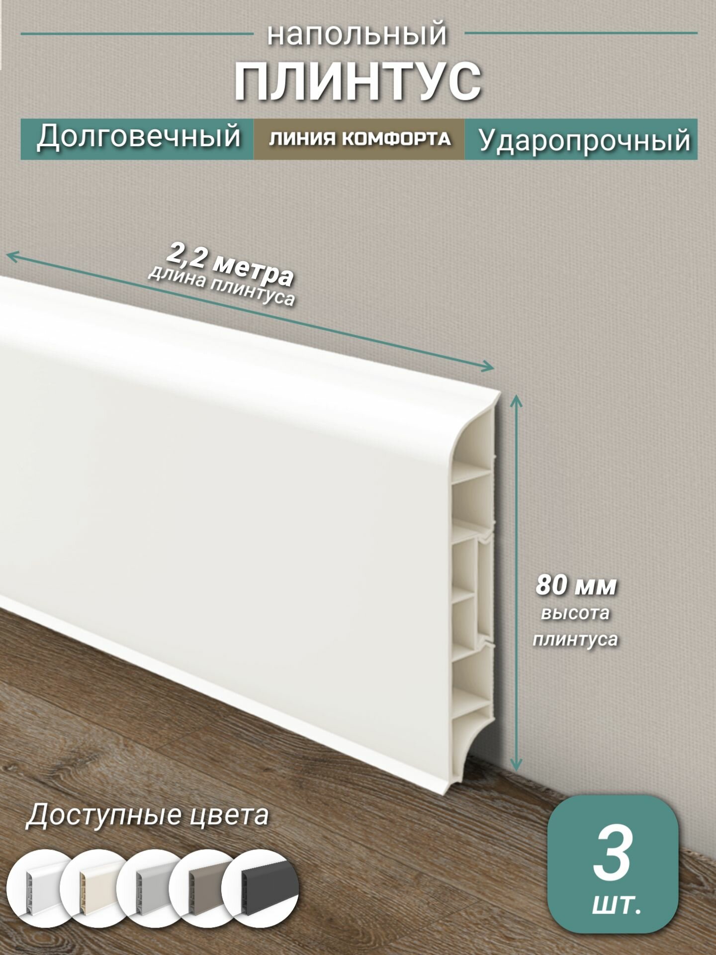 Плинтус Ideal, ПВХ, матовый, влагостойкий, ударопрочный, с кабель-каналом, 2,2 м, округлый, Молочно-белый - 3 шт.