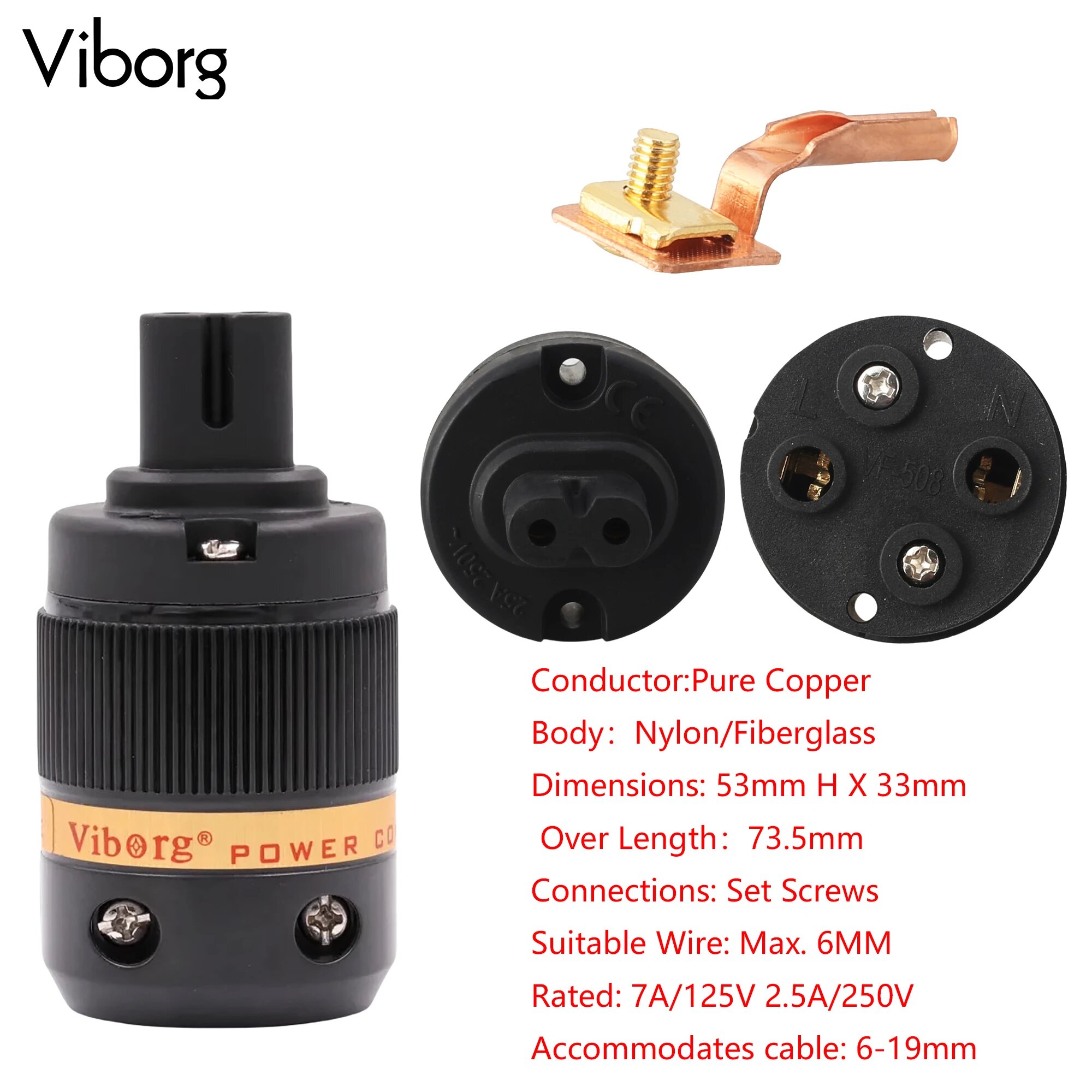 Viborg VF508 Вилка питания, медь, 7A/125V, 6-19mm