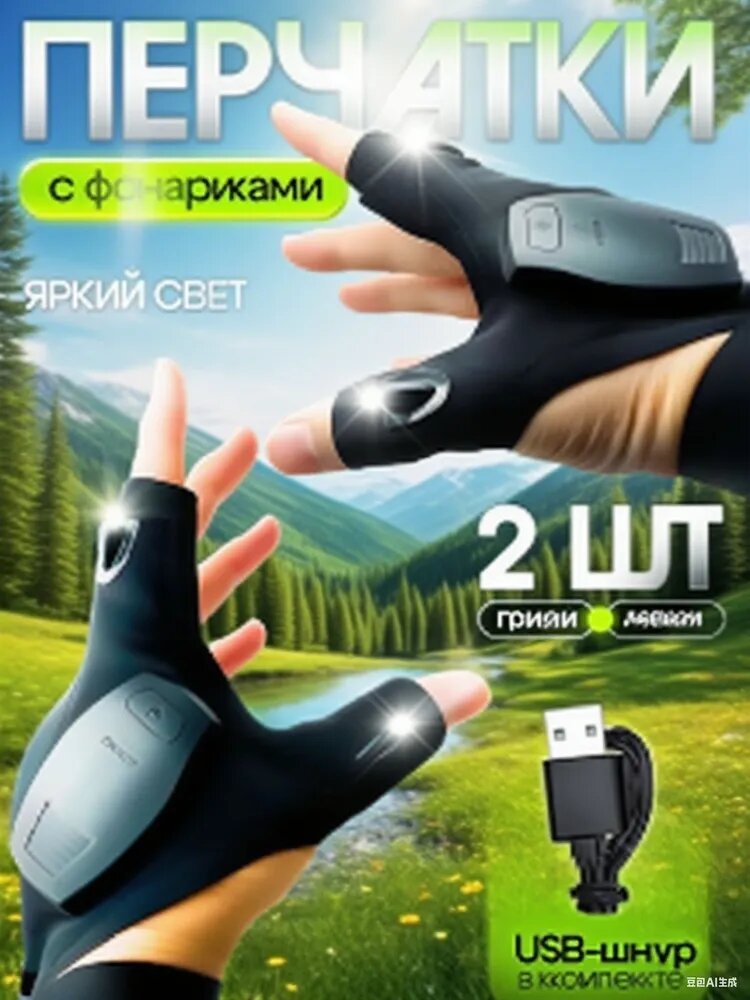 Фонарь-перчатка с фонариками, яркий свет, USB-шнур в комплекте, 2 шт, для рыбалки, охоты, туризма