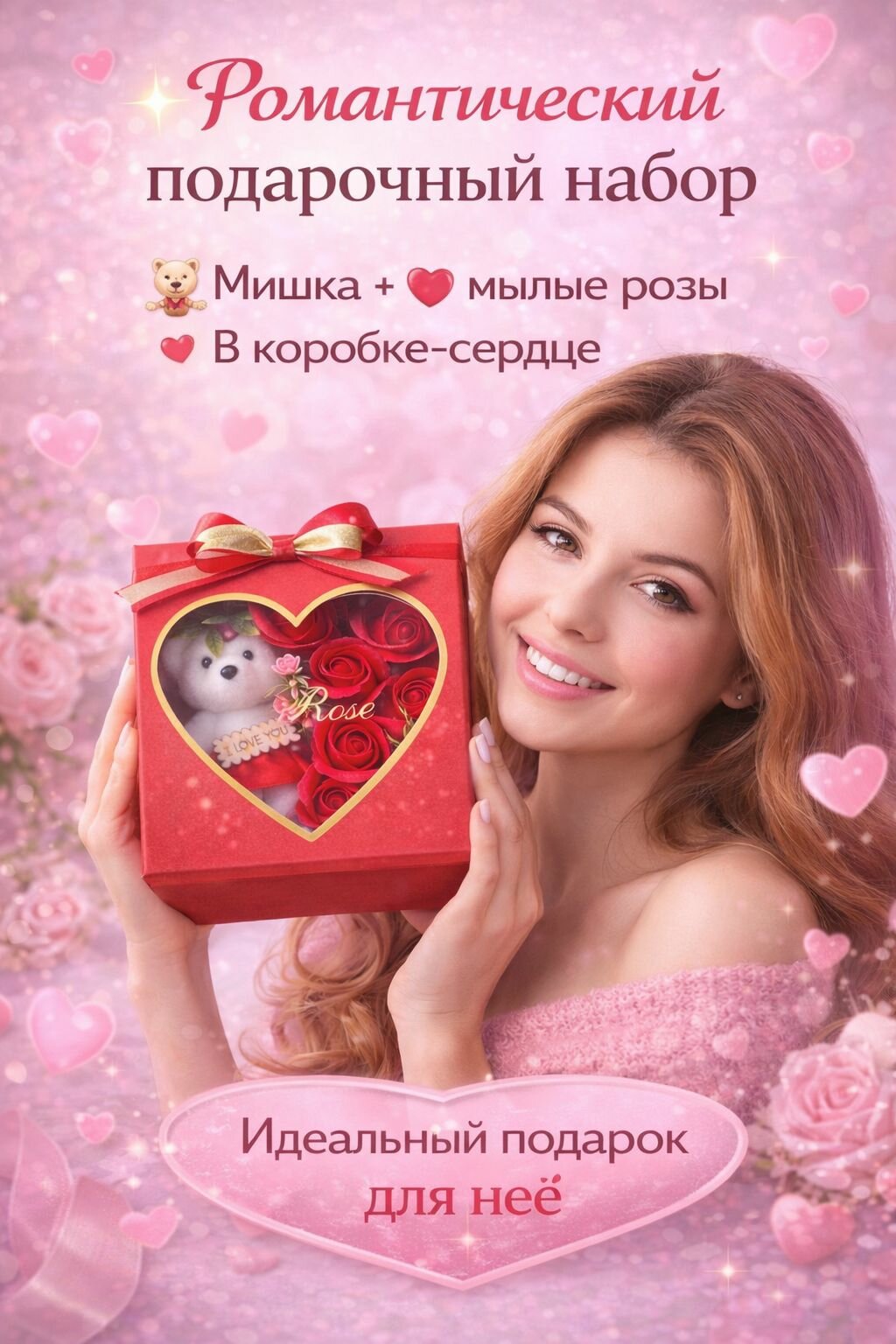Романтический подарок Мишка с мыльными розами в подарочной коробке сердце