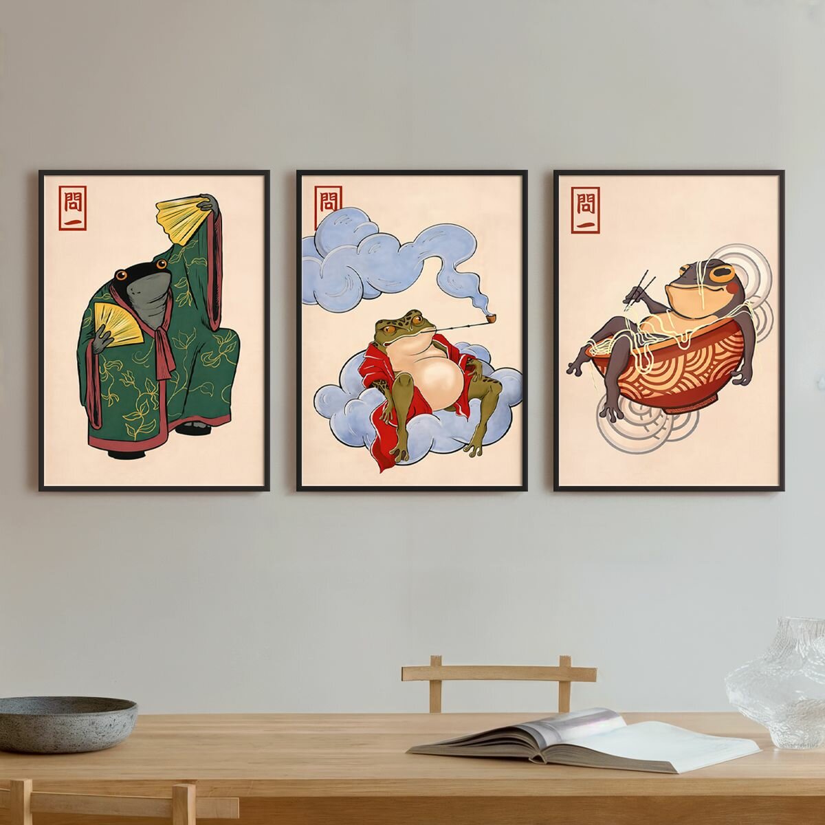 Постеры 3 шт 30х40 на стену "Японские лягушки трио" набор картин для интерьера