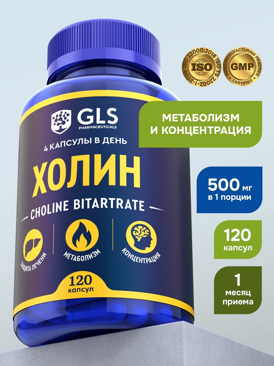 Холин Битартрат 500 мг, бады / витамины b 4 / b4 для мозга и концентрации, 120 капсул