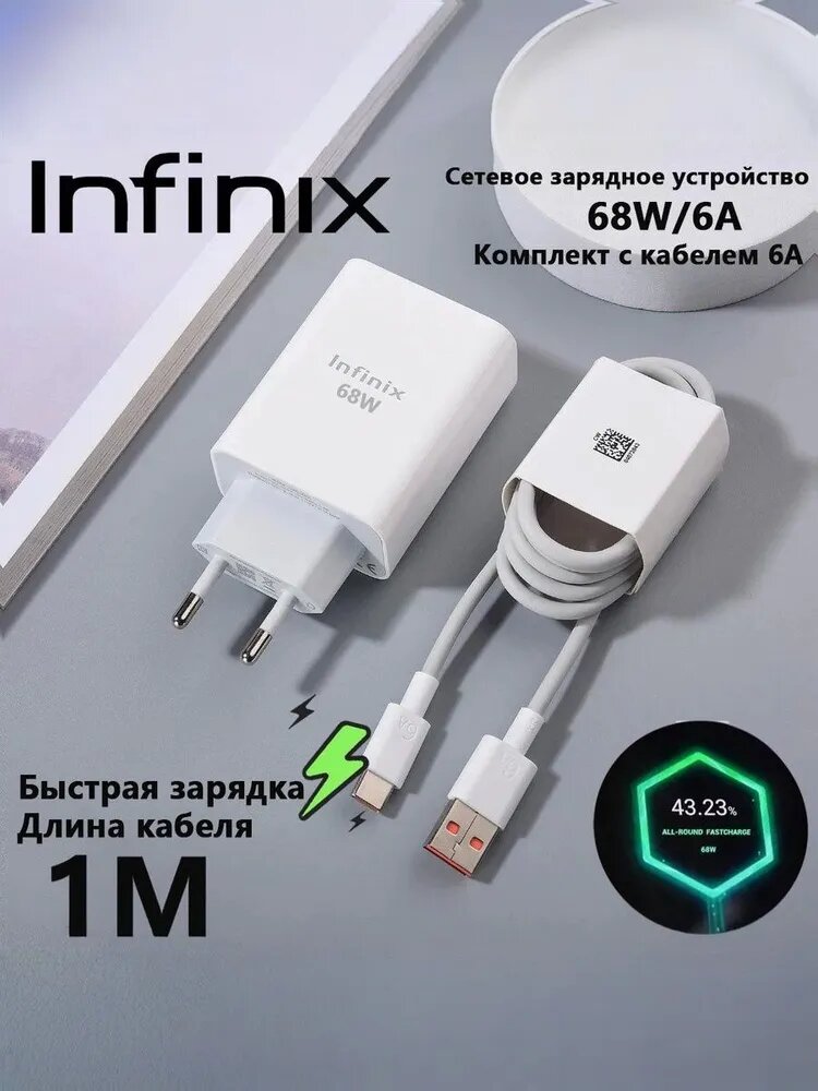 Сетевое зарядное устройство для Infinix 68W с USB входом /Быстрая зарядка для Infinix