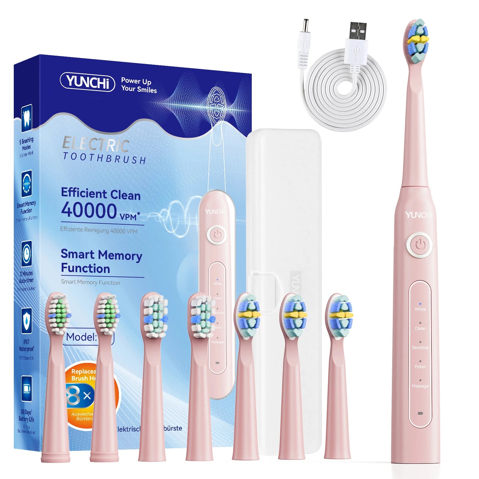 Электрическая зубная щетка YUNCHI, Set Pink, 8 насадок, 40000 vpm