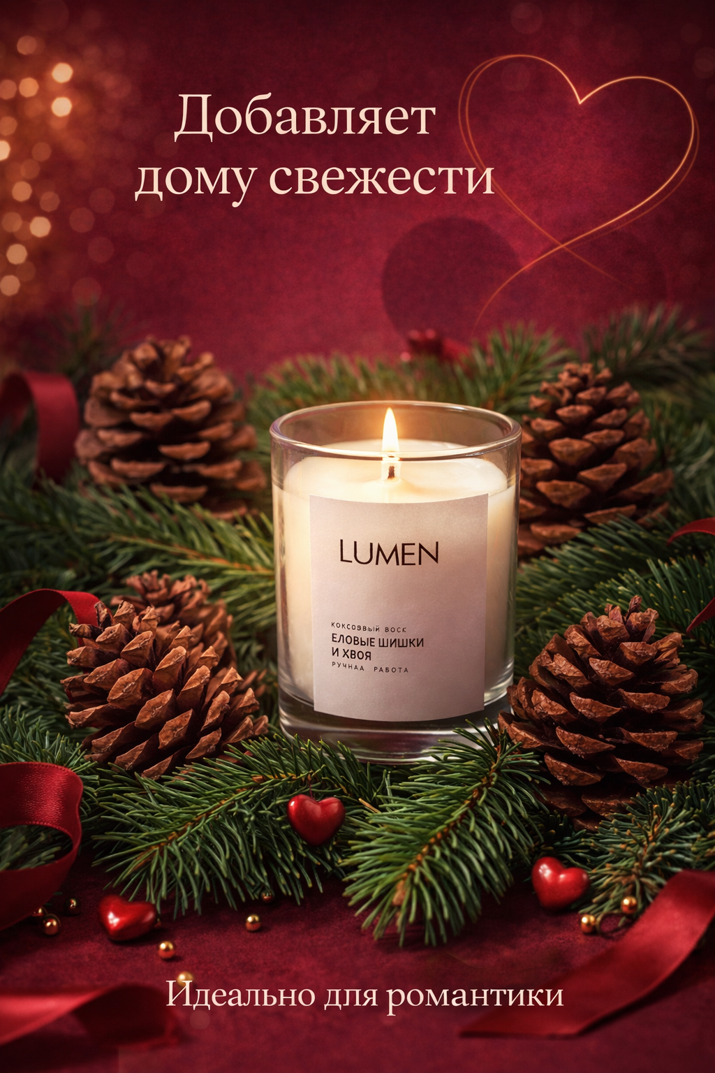 СПА-свеча "Еловые Шишки", ручная работа, кокосовый воск, натуральные масла в подсвечнике, 250мл, 50 ч