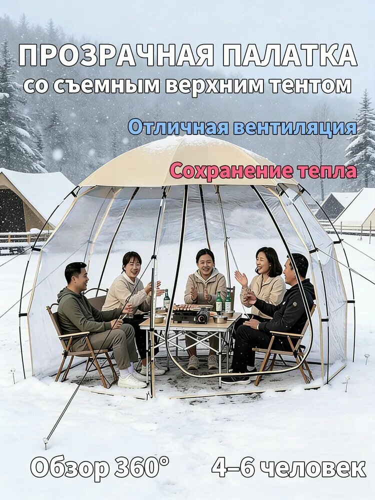 Прозрачный шатер-купол 2.9х2.5х1.95 м для сада и глэмпинга, панорамная палатка на 4-6 человек с защитой от конденсата и светящимися колышками