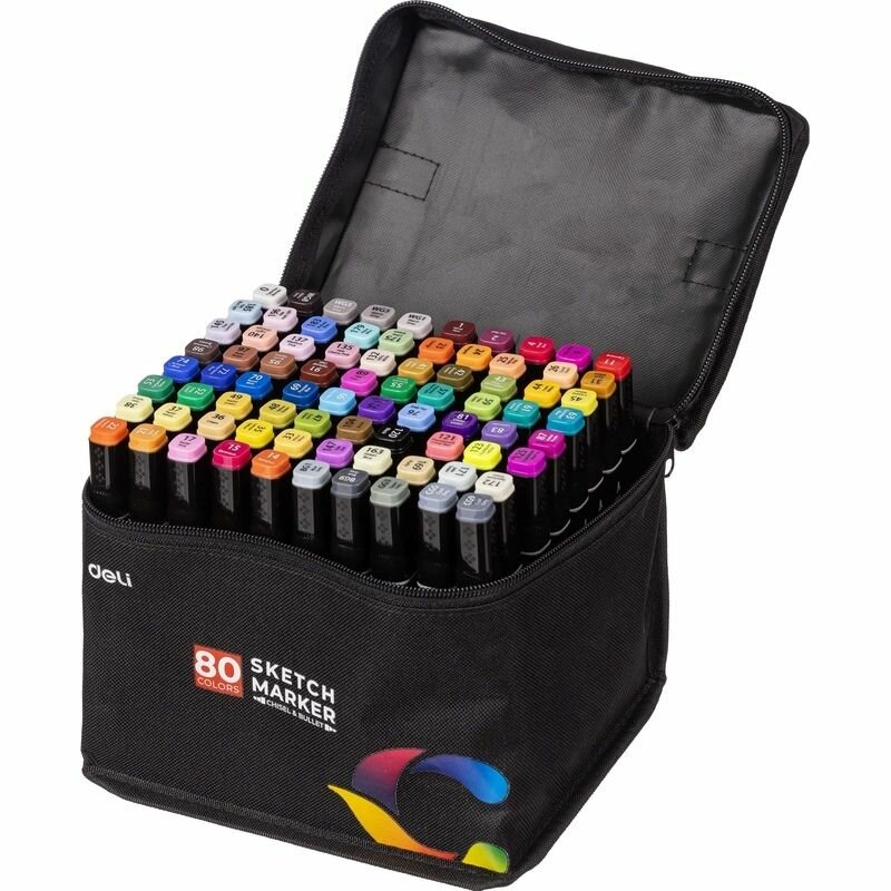 Набор двусторонних маркеров для скетчинга Deli, 80 цветов, корпус прямоугольный