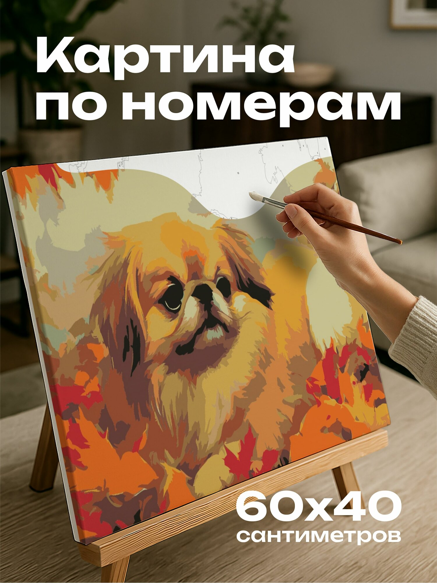 Картина по номерам 60x40 см, картина, масло, собака, пекинес, осенние листья, парк, игривое выражение